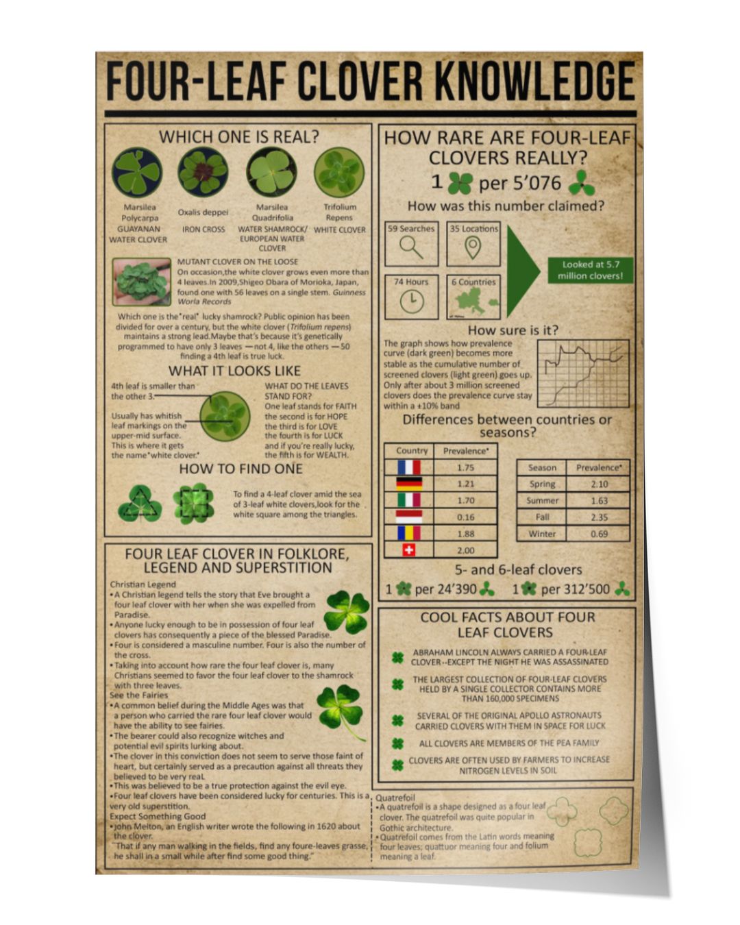 Four-Leaf Clover Knowledge Poster, Four-Leaf Clover Poster, Cool Facts ...