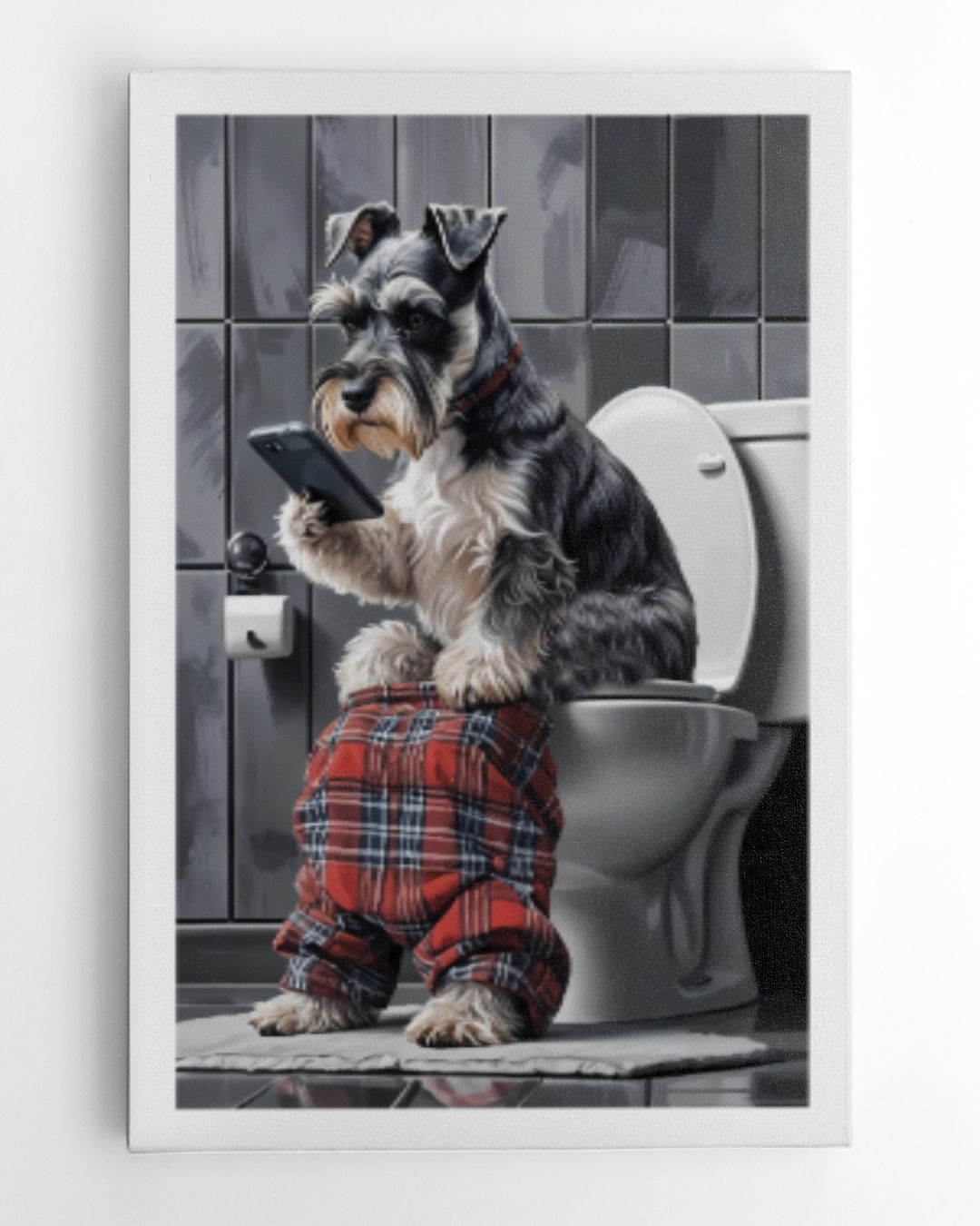 Schnauzer Sitting On Toilet With Mobile Phone Art Print | Roots Inked