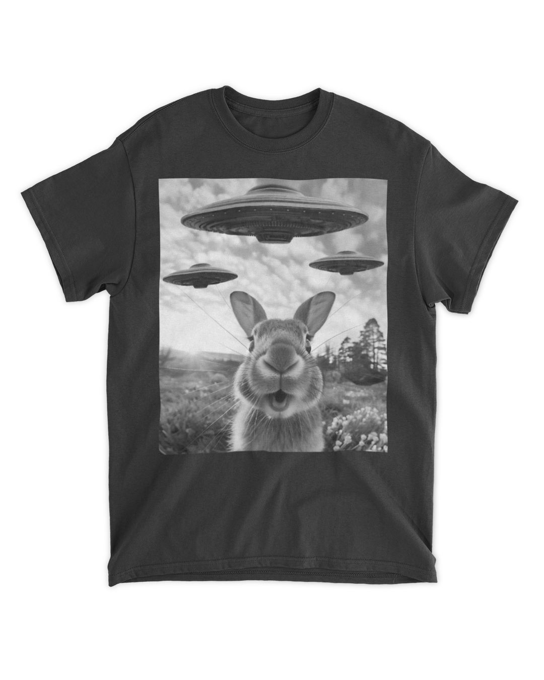 Rabbit Selfie with UFOs Vintage Alien Rabbit T-Shirt | PawPawPrint