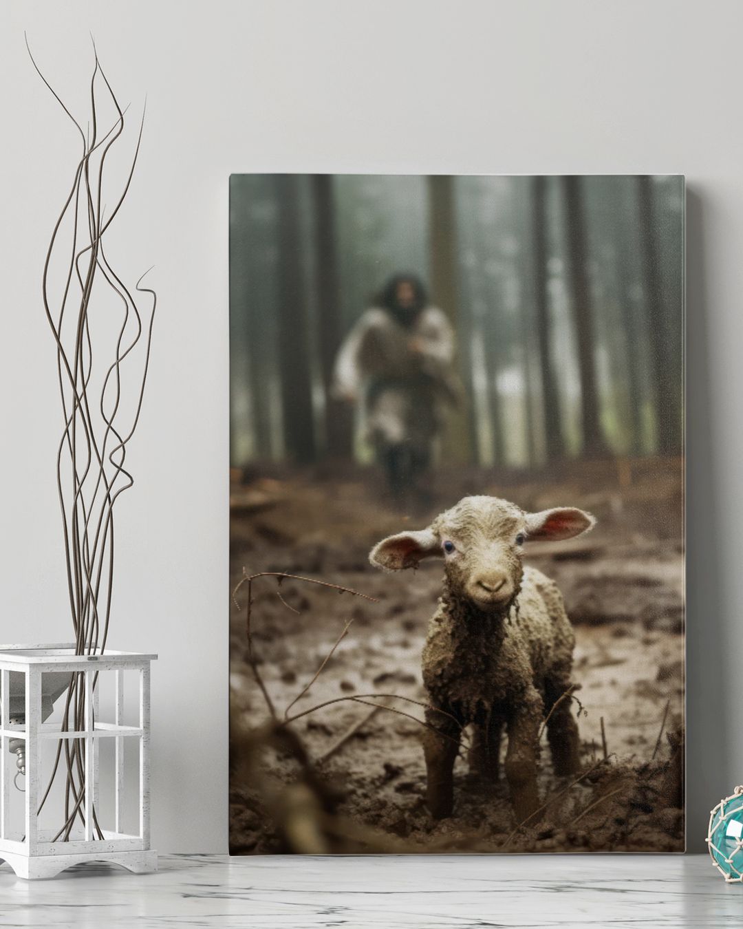 Jesus Running After the Lost Lamb – Christian Vertical Canvas