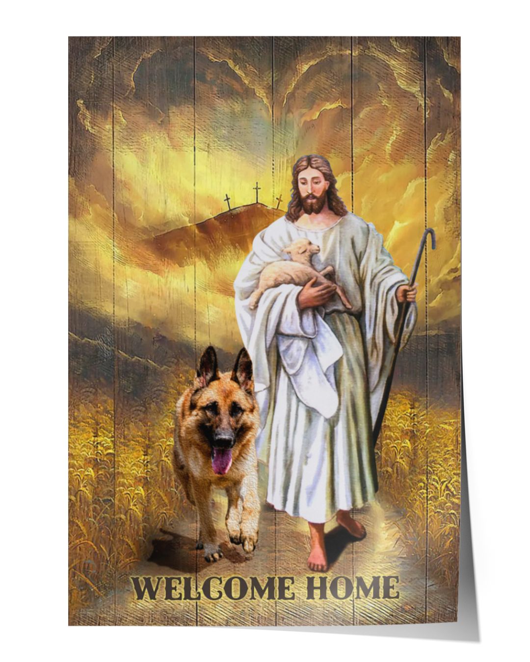 Jesus And German Shepherd Walking Satin Portrait Poster